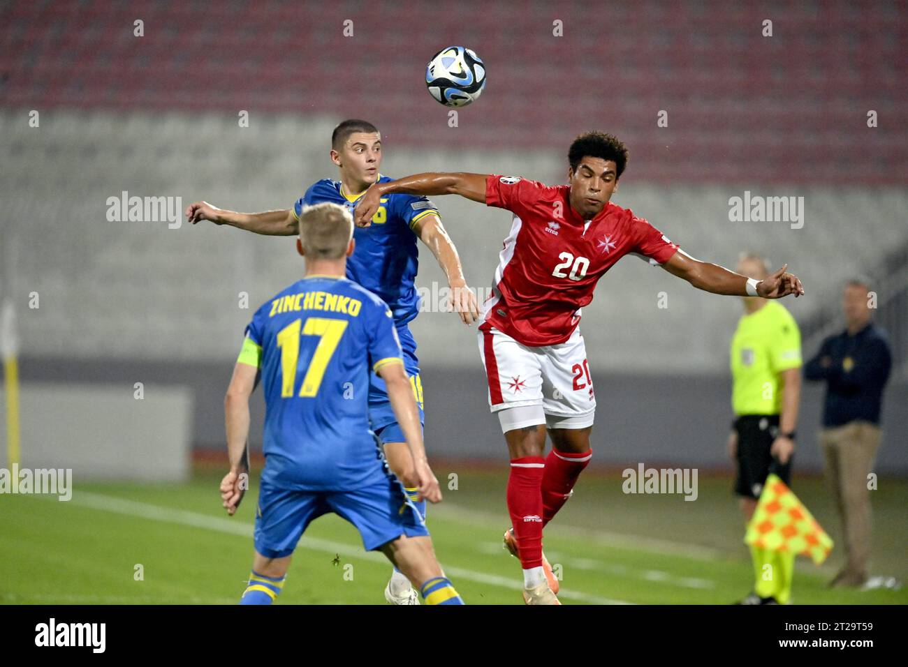 TA’ QALI, MALTA - OCTOBER 17, 2023 - Defender Vitaliy Mykolenko (L) of ...
