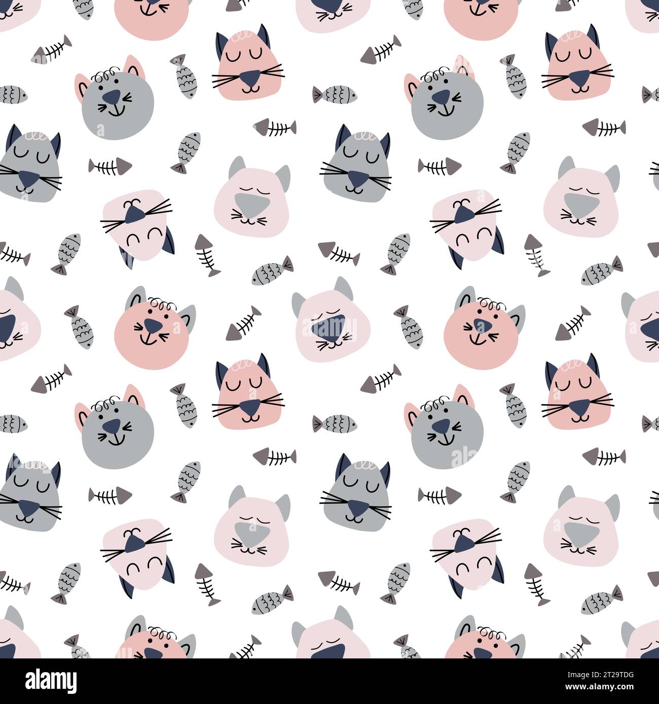 Hand drawn cat vector seamless pattern of funny cartoon kittens, fish, fish bone Stock Vector ...