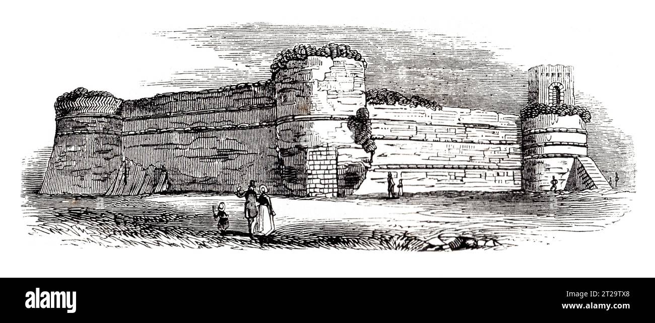 The ruins of Pevensey Castle, East Sussex in the 19th century. Black ...