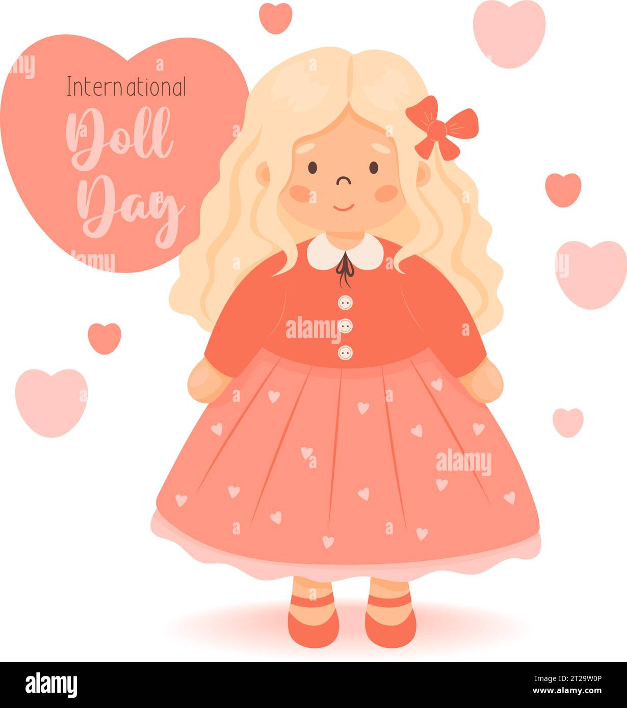 Doll Day. Cute children toy doll curly blondie girl in red dress ...