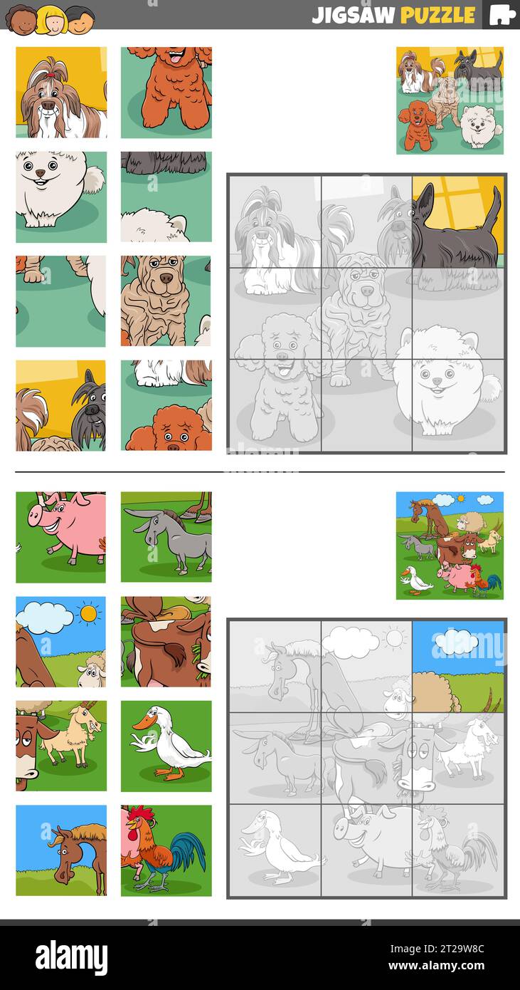 Cartoon illustration of educational jigsaw puzzle activities set with ...