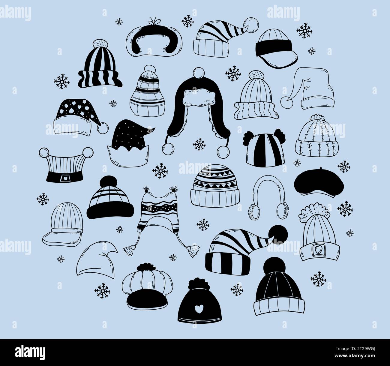 Collection winter knitted hats. Isolated hand drawings doodle of ...