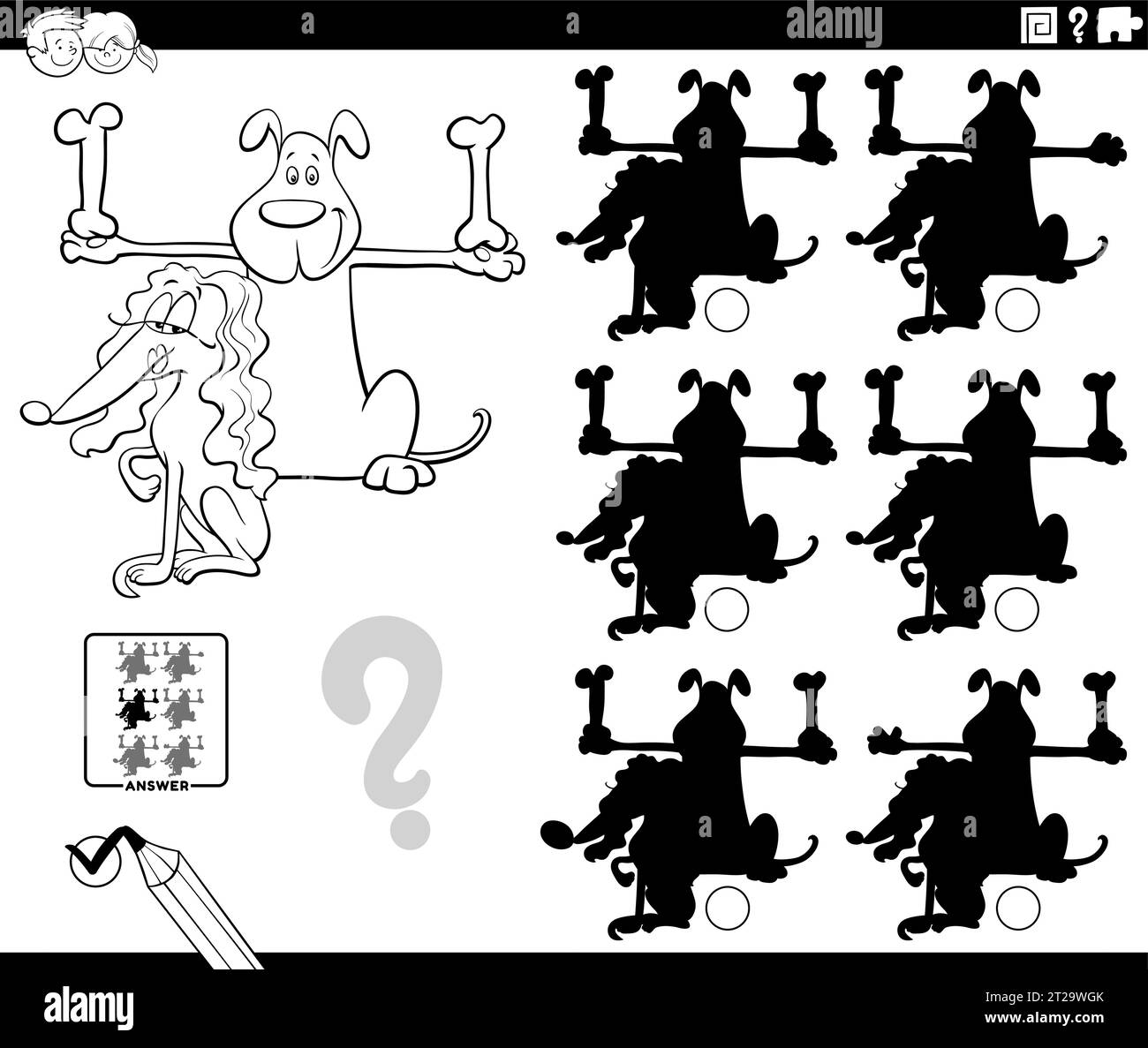 Black and white cartoon illustration of finding the right picture to ...
