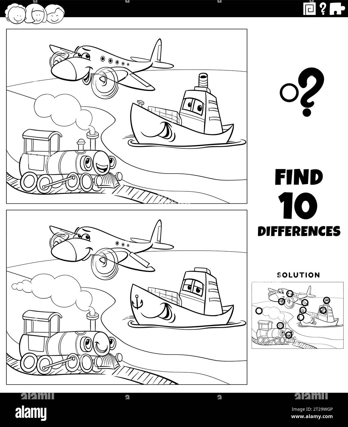 Black and white cartoon illustration of finding the differences between ...