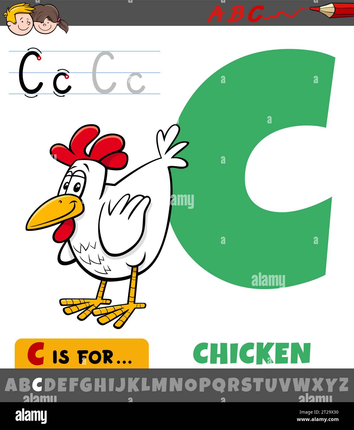 Educational cartoon illustration of letter C from alphabet with chicken ...