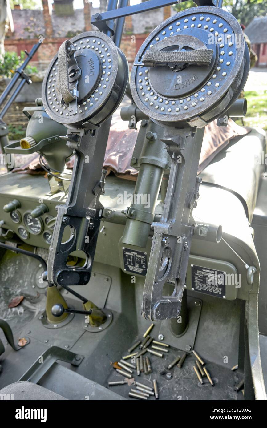 Mounted Machine guns and spent cartridges on a 1940s world war 2 British army vehicle. Avoncroft ...