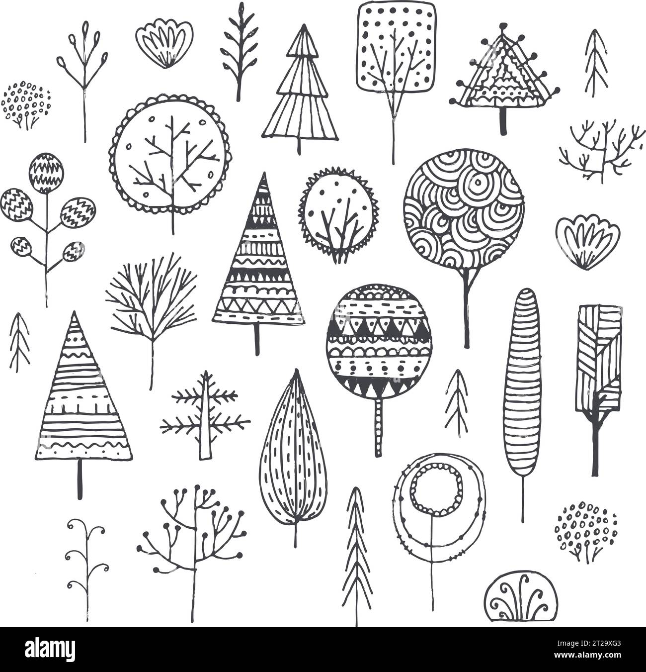 Vector set of hand drawn trees, bushes, plants decorated with patterns ...