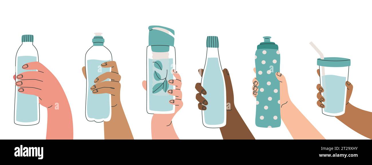 Reusable water container. Various poses of hands holding bottle ...
