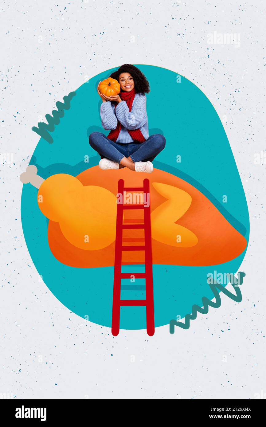 Vertical collage picture of mini excited girl climb ladder huge bakes ...