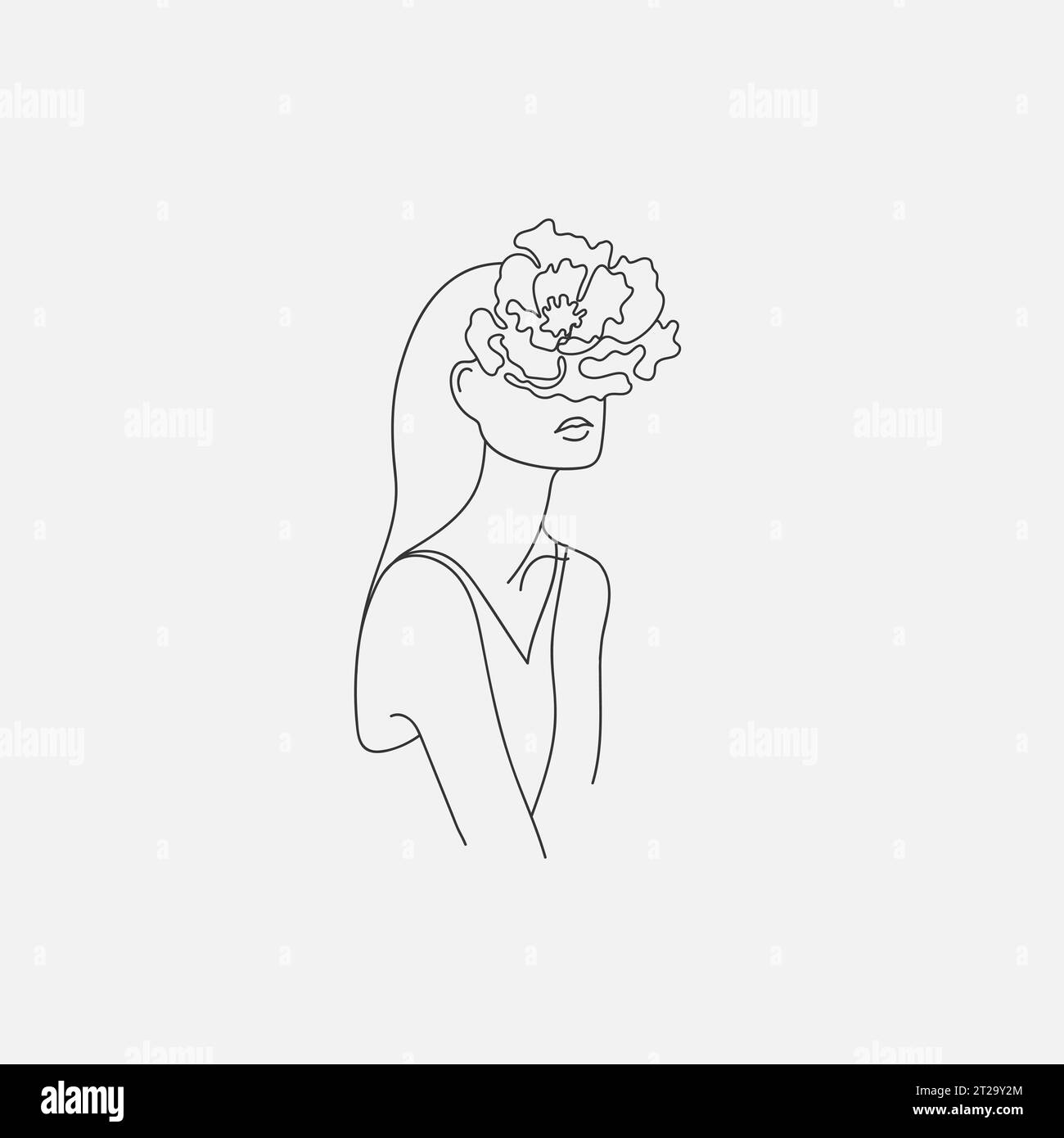 Vector Hand Drawn Linear Art Woman Face With Flower Continuous Line