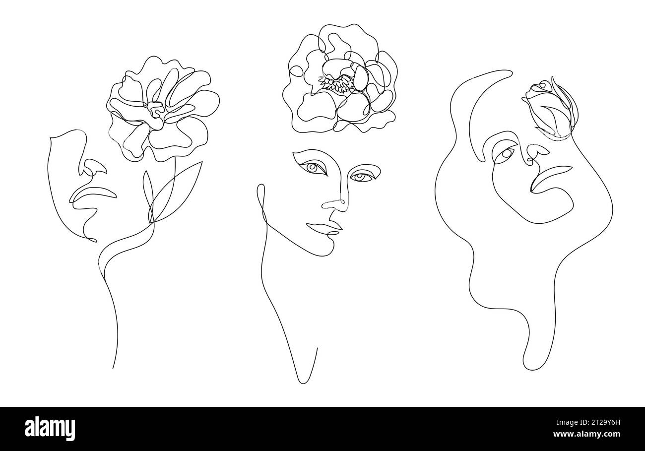 Vector Hand Drawn Linear Art Woman Faces With Flower Continuous Line