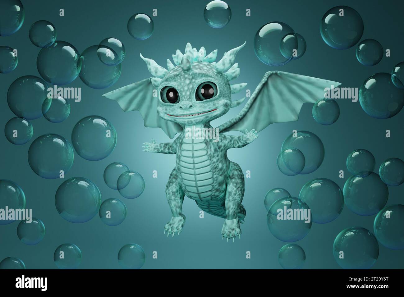 Cute cartoon baby dragon catching soap bubbles. 3d render Stock Photo ...