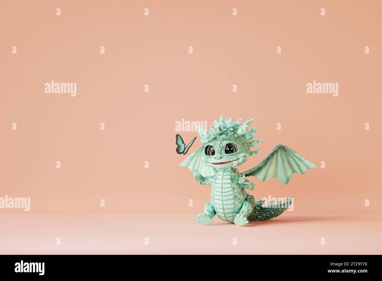 Cute cartoon baby dragon catching butterfly. 3d render Stock Photo - Alamy