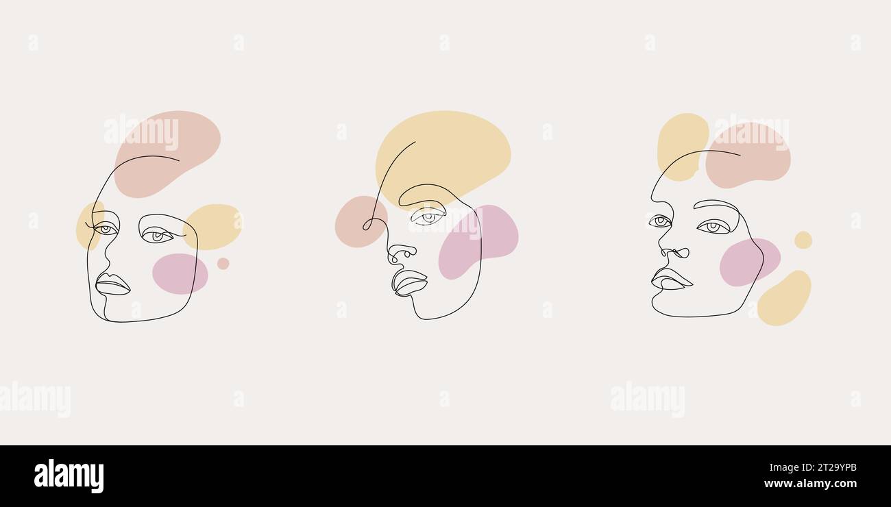 Vector set of women faces, line art illustrations, logos with spots ...