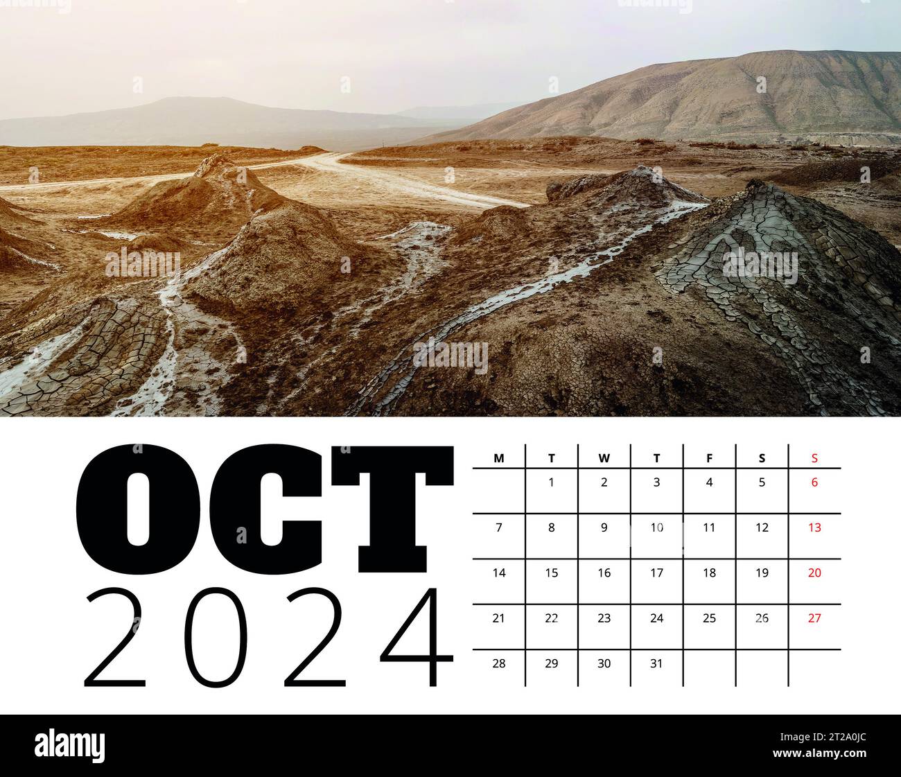 Print calendar template 2024 october month with mud volcanoes of ...