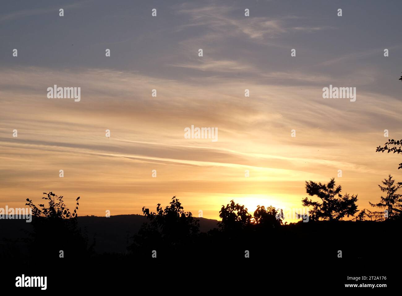 Soft orange clouds in a powder blue sky with trees and hills of the ...