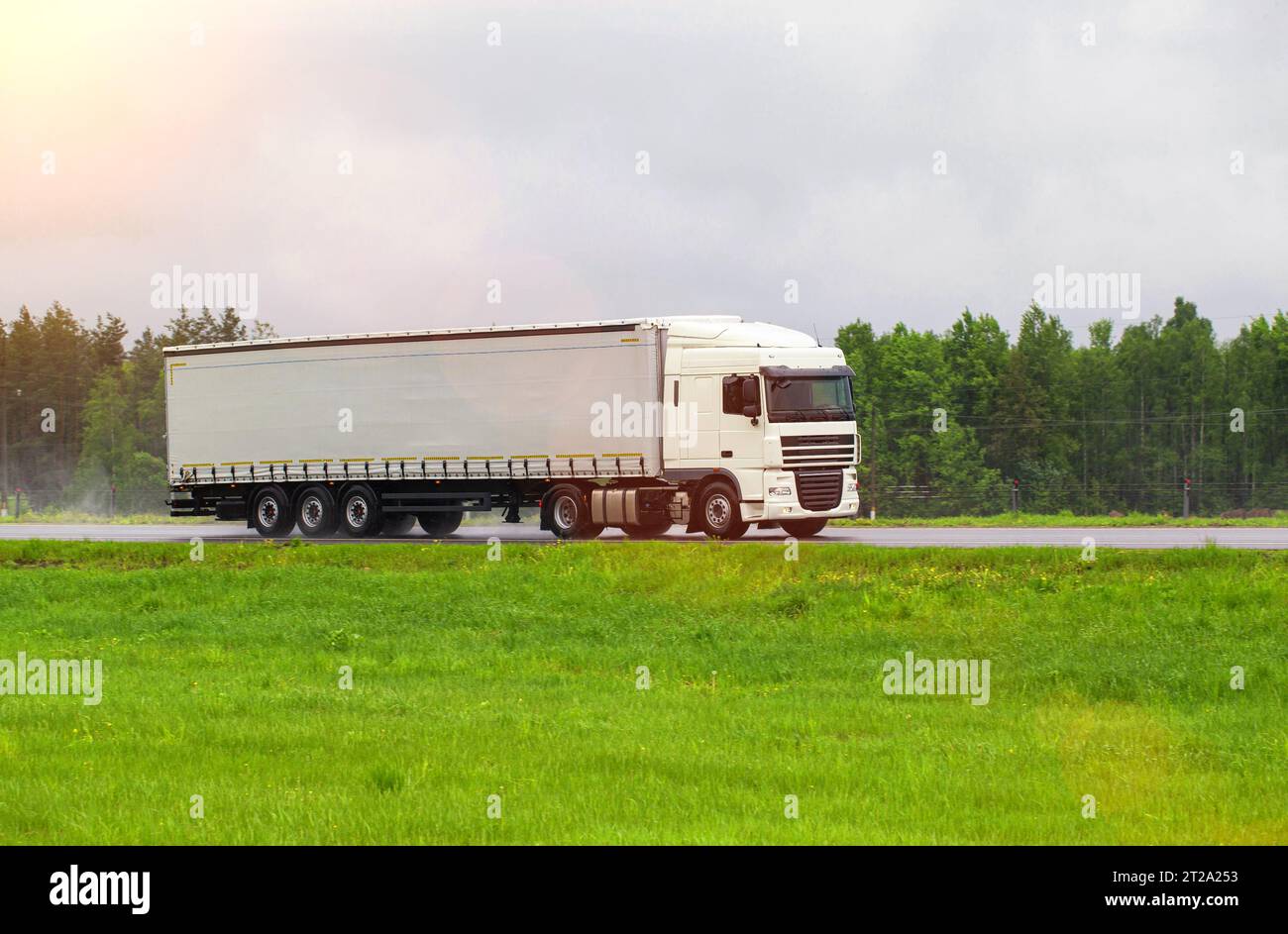 A truck with a semi-trailer transports cargo in summer in cloudy rainy ...