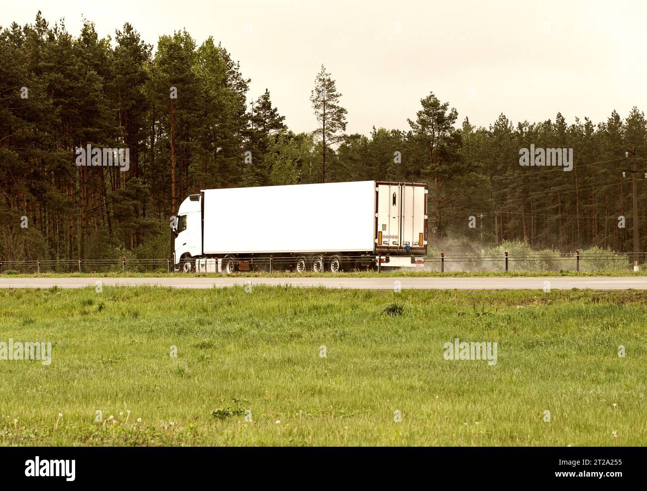 A truck with a semi-trailer transports cargo in summer in cloudy rainy ...