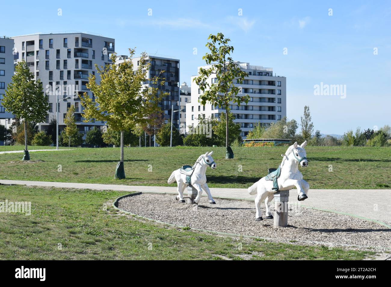 VIENNA, AUSTRIA - OCTOBER 2, 2023: Toy horses at the park by the lake ...