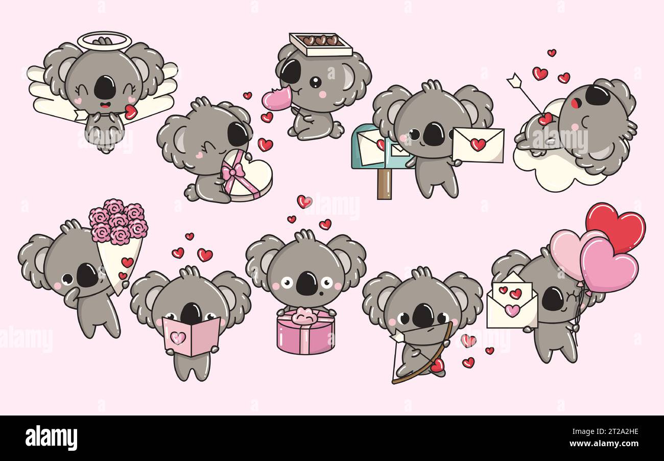 Set of Cartoon Kawaii Koala Illustrations in Love. Collection of Cute ...