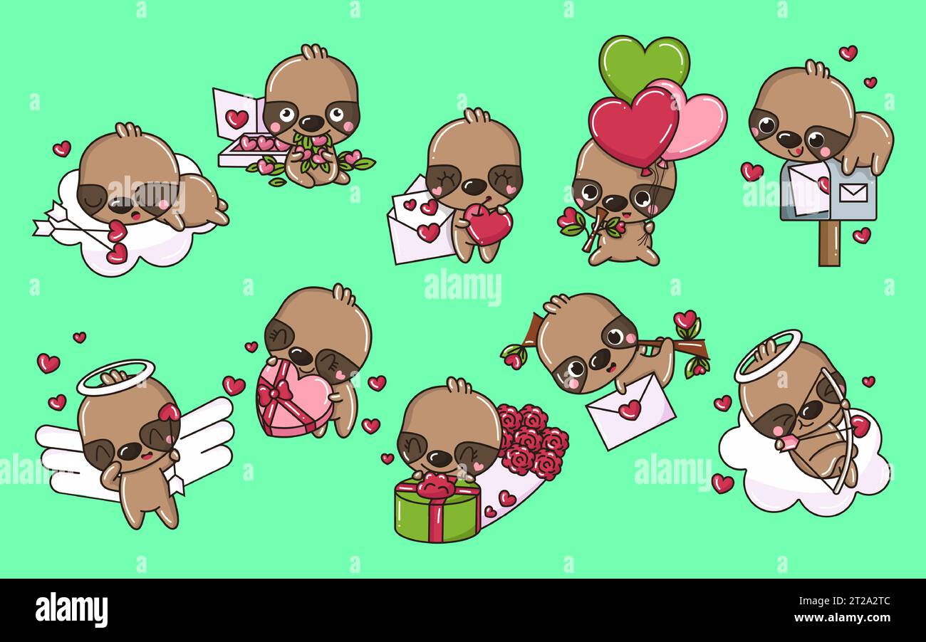 Set of Cartoon Kawaii Sloth Illustrations in Love. Collection of Cute ...