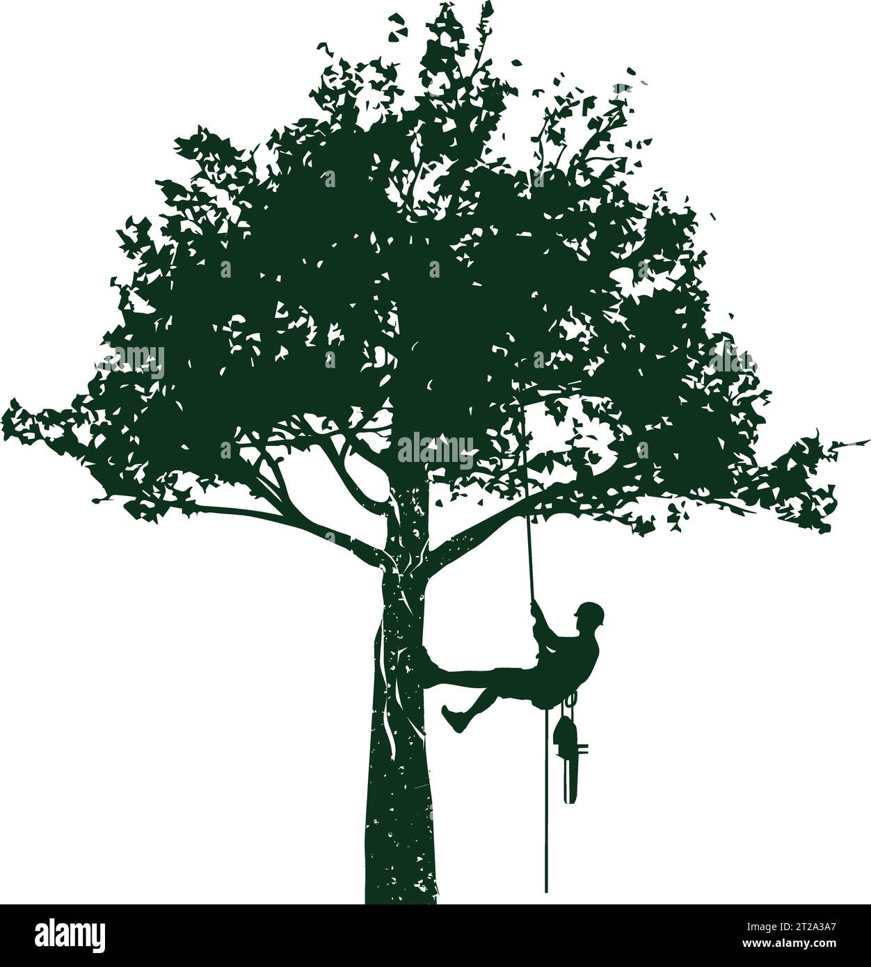 Hand drawn tree with a climber on a white background.Tree pruning ...