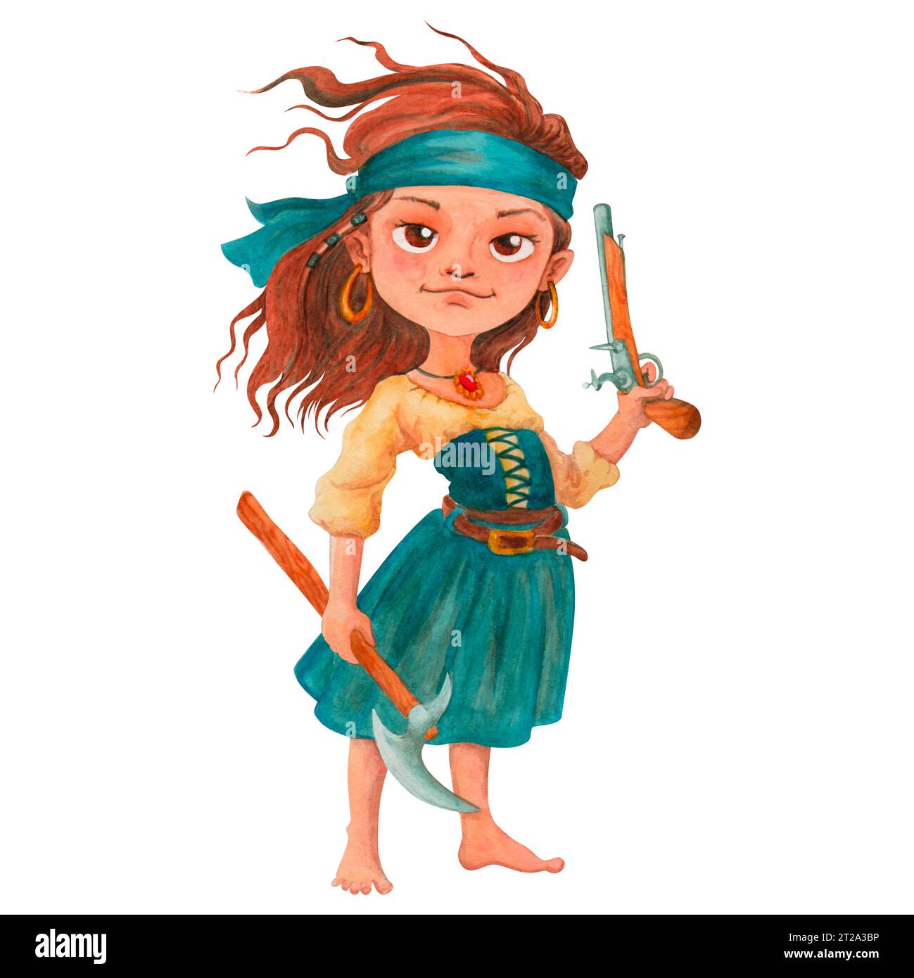 A barefoot little girl pirate character with wind-blown hair stands ...