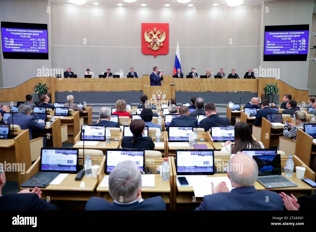 In this photo released by The State Duma, Russian lawmakers attend a ...