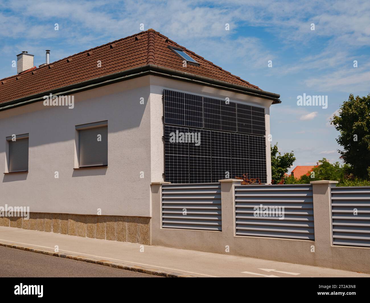 Solar photovoltaic panels on house wall. Modern country house with self ...