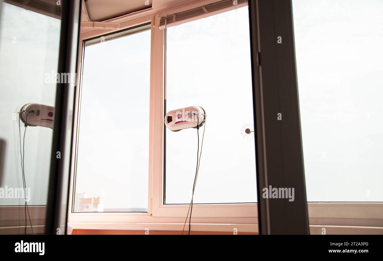 Vacuum glass washer robot washes pvc frame, modern device Stock Photo ...