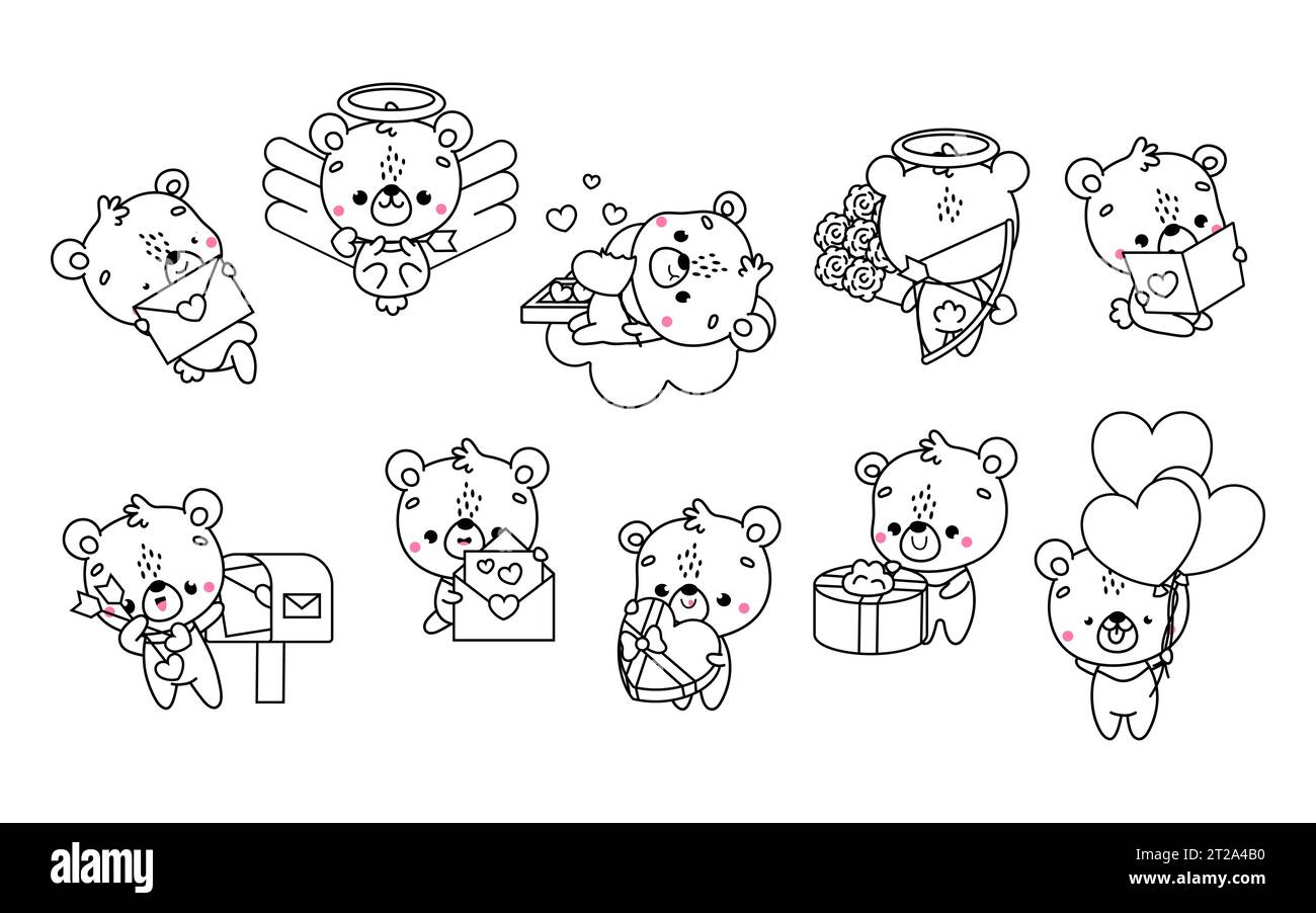 Collection of Vector Kawaii Bear Coloring Page in Love. Set of Isolated ...