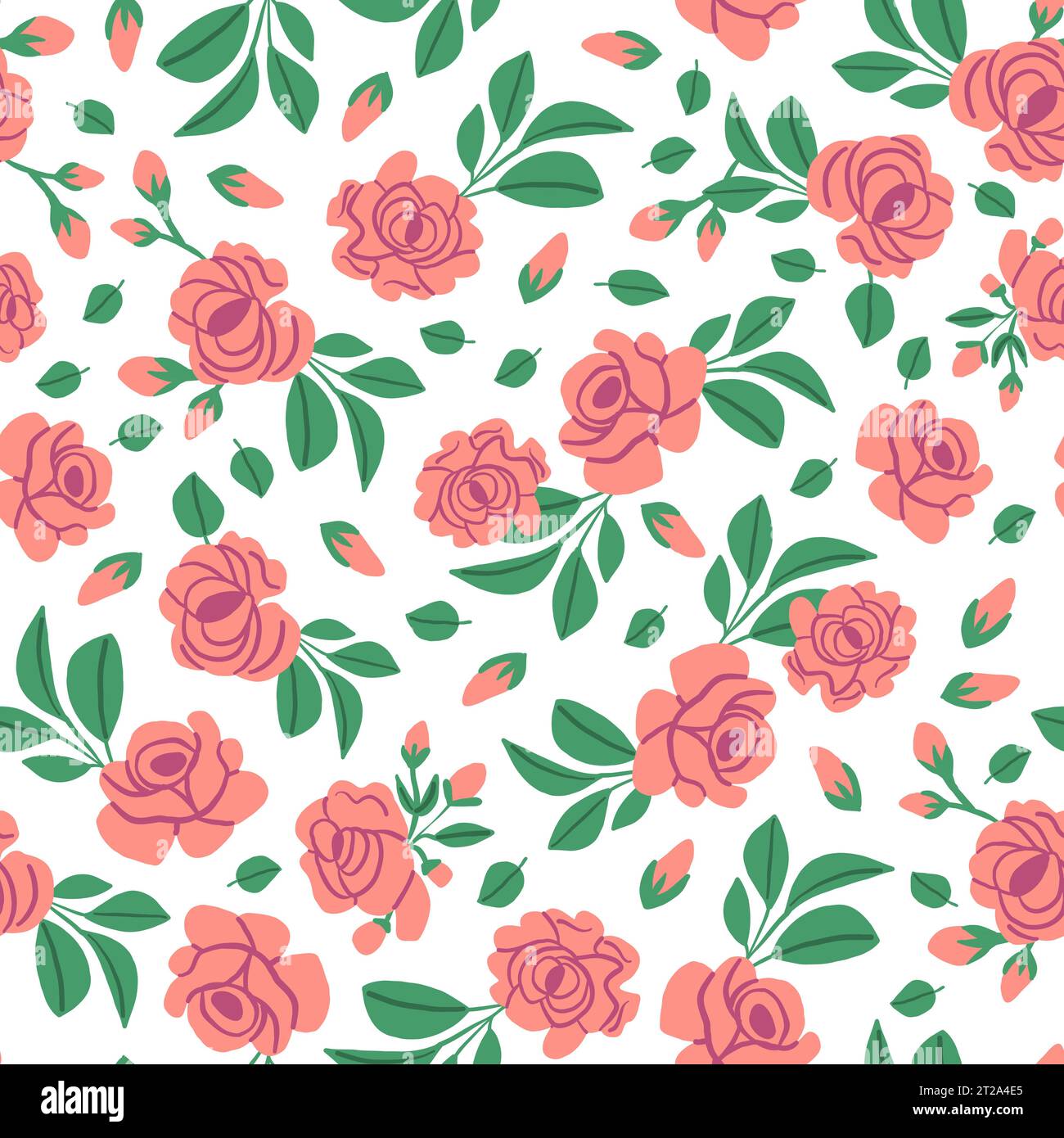 Vintage pattern with pink roses and leaves on white background. Retro ...