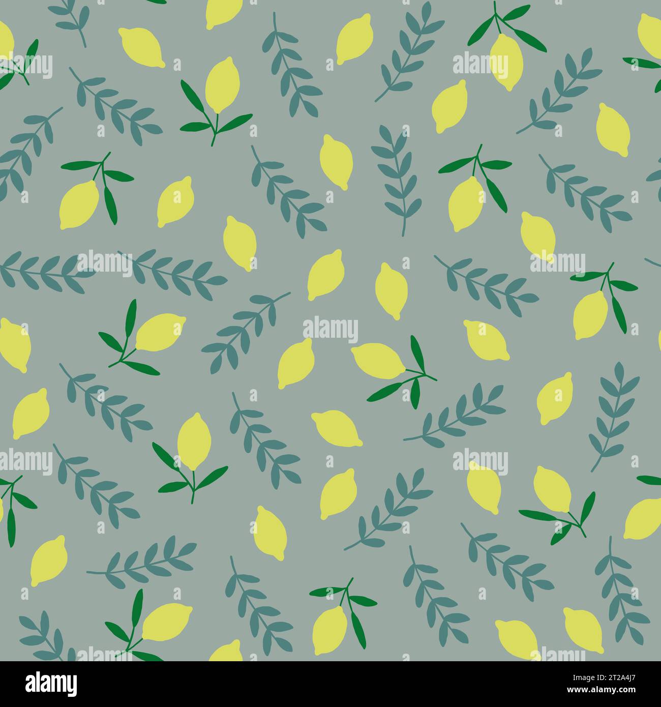 Vector seamless pattern with lemons and leaves on grey green background ...