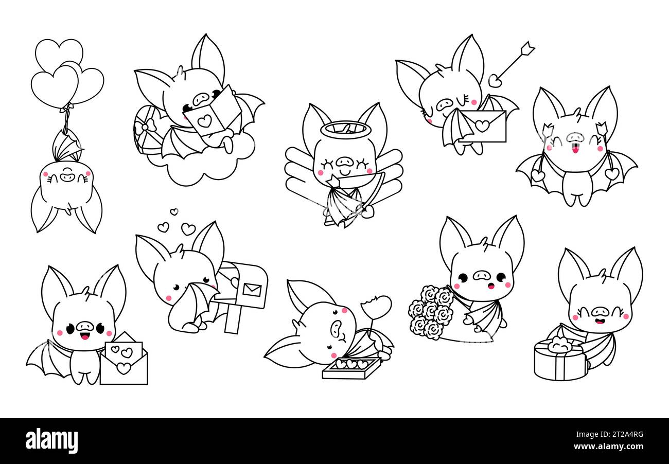 Collection of Vector Kawaii Bat Coloring Page in Love. Set of Isolated ...