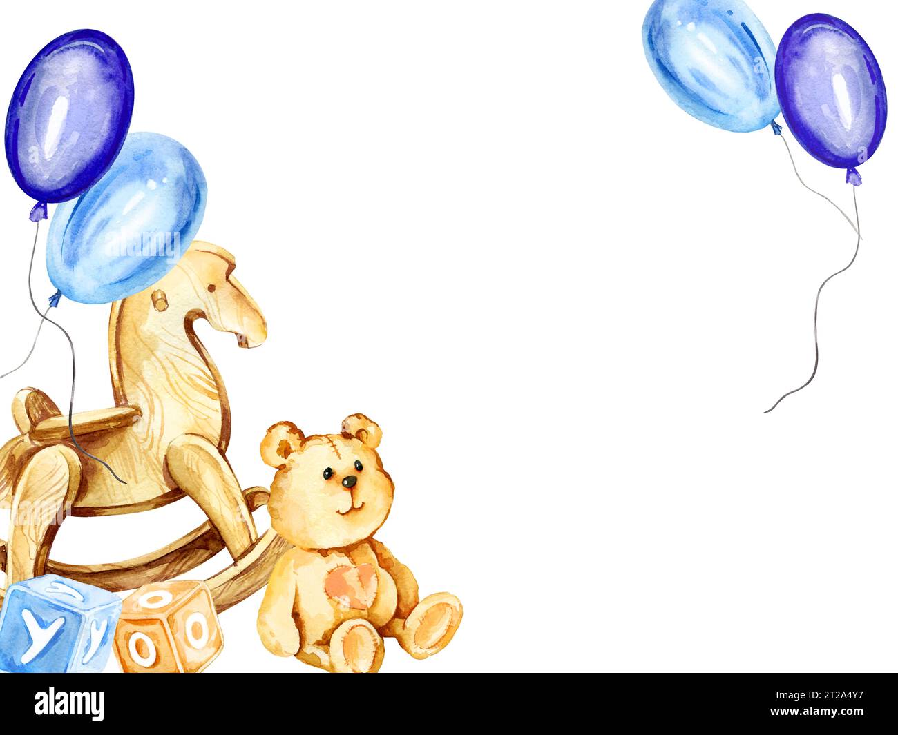 watercolor frame of child theme with wooden vintage rocking horse ...