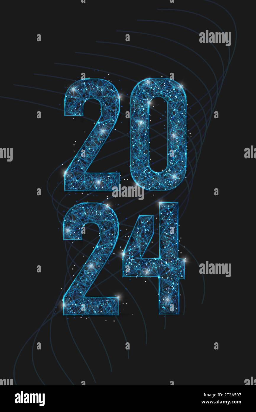 Abstract isolated blue image of new year number 2024. Polygonal low ...