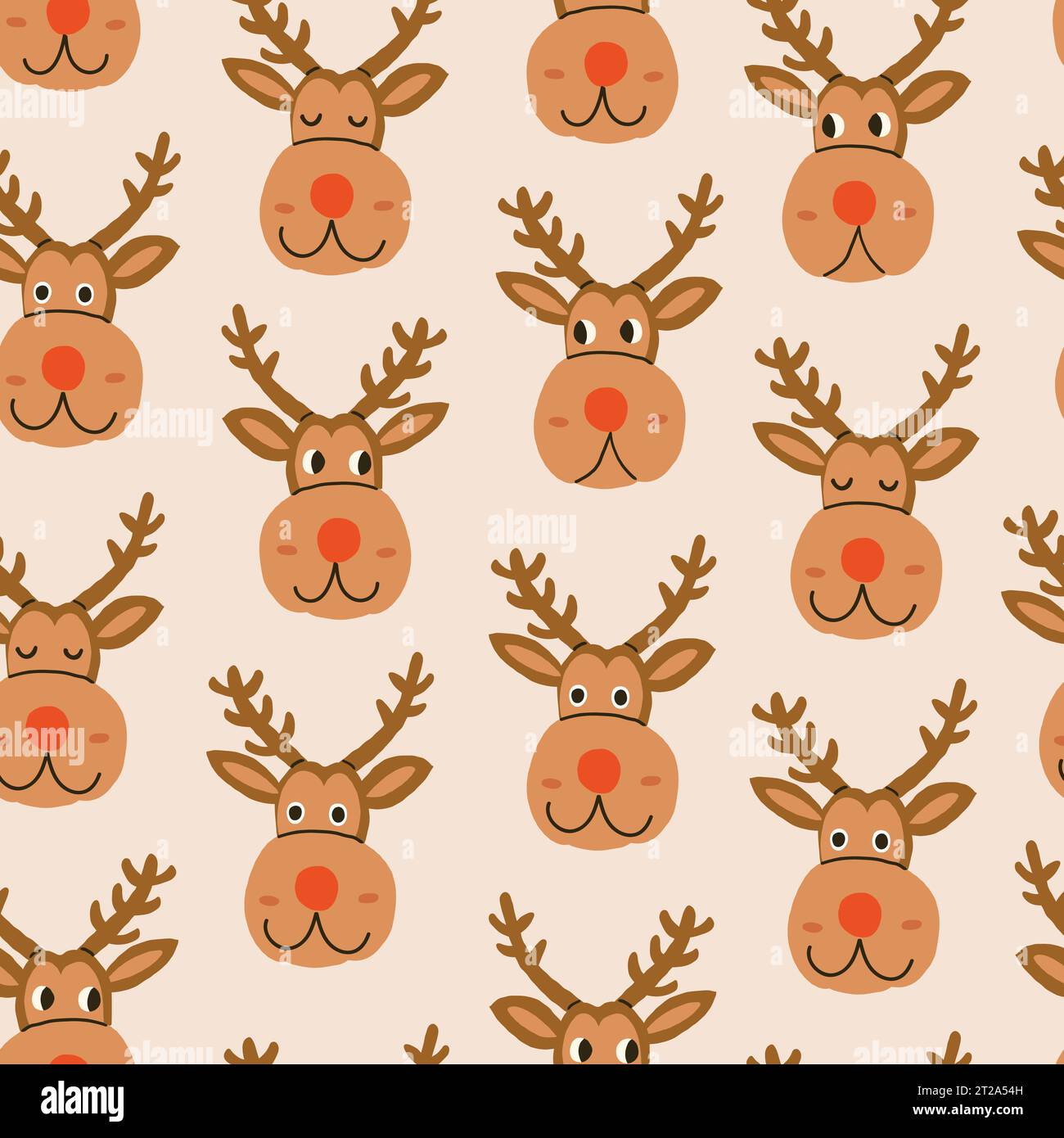 Christmas reindeer Rudolf character seamless pattern on beige, reindeer ...