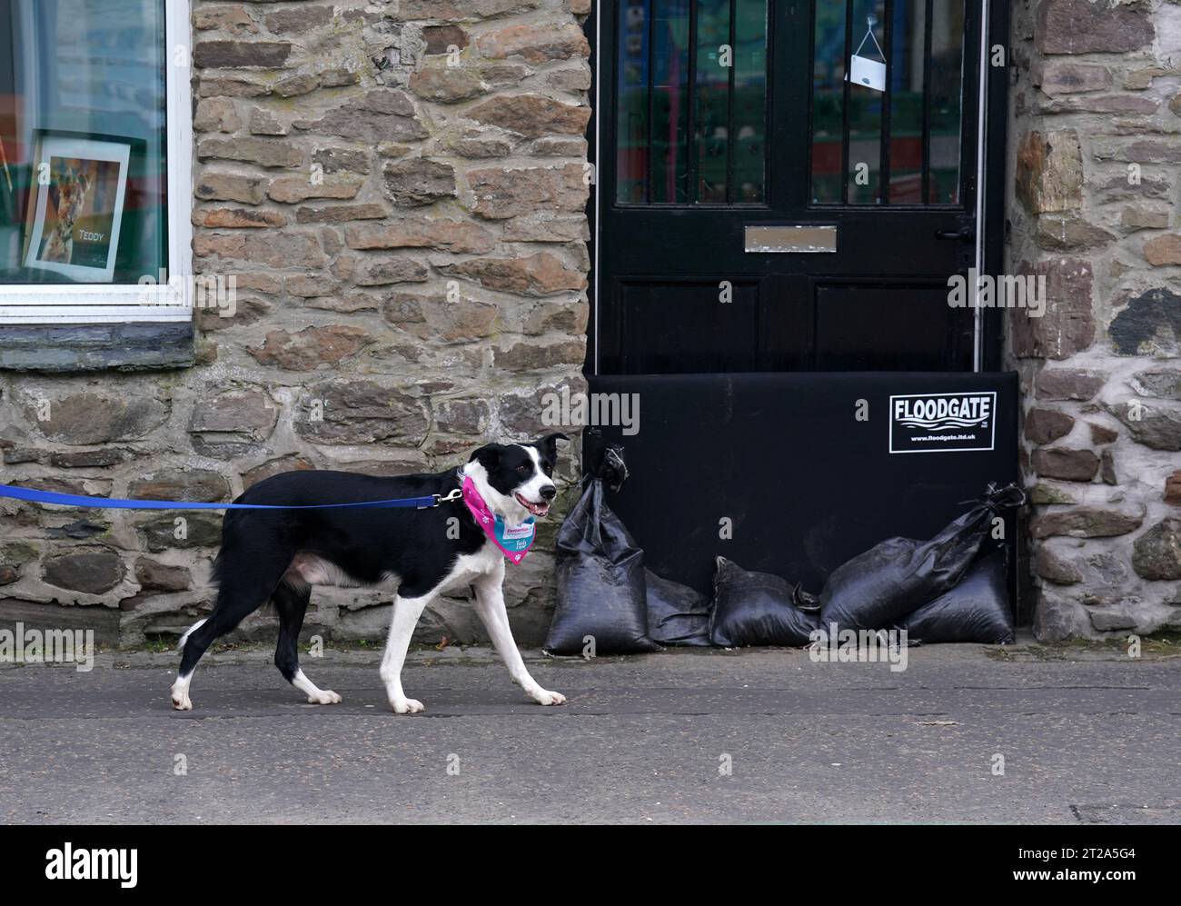 Sand bags sit in a doorway in Aberfoyle in Perthshire. Aberfoyle was ...