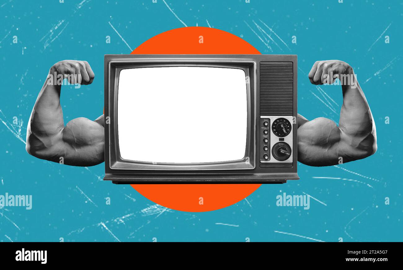Contemporary art collage. Image of retro TV and strong arm muscles in ...