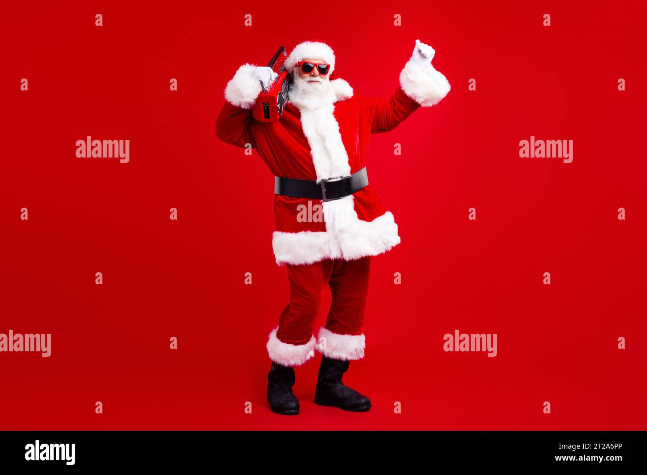 Full size photo of energetic grandfather wear santa costume in glasses ...