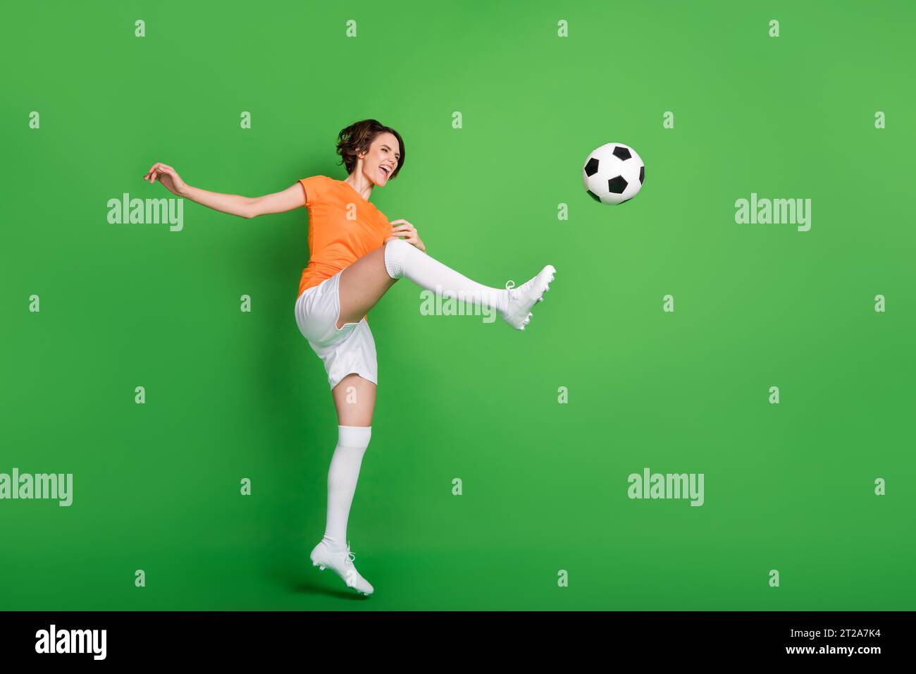 Full body portrait of excited active girl open mouth scream foot kick ...