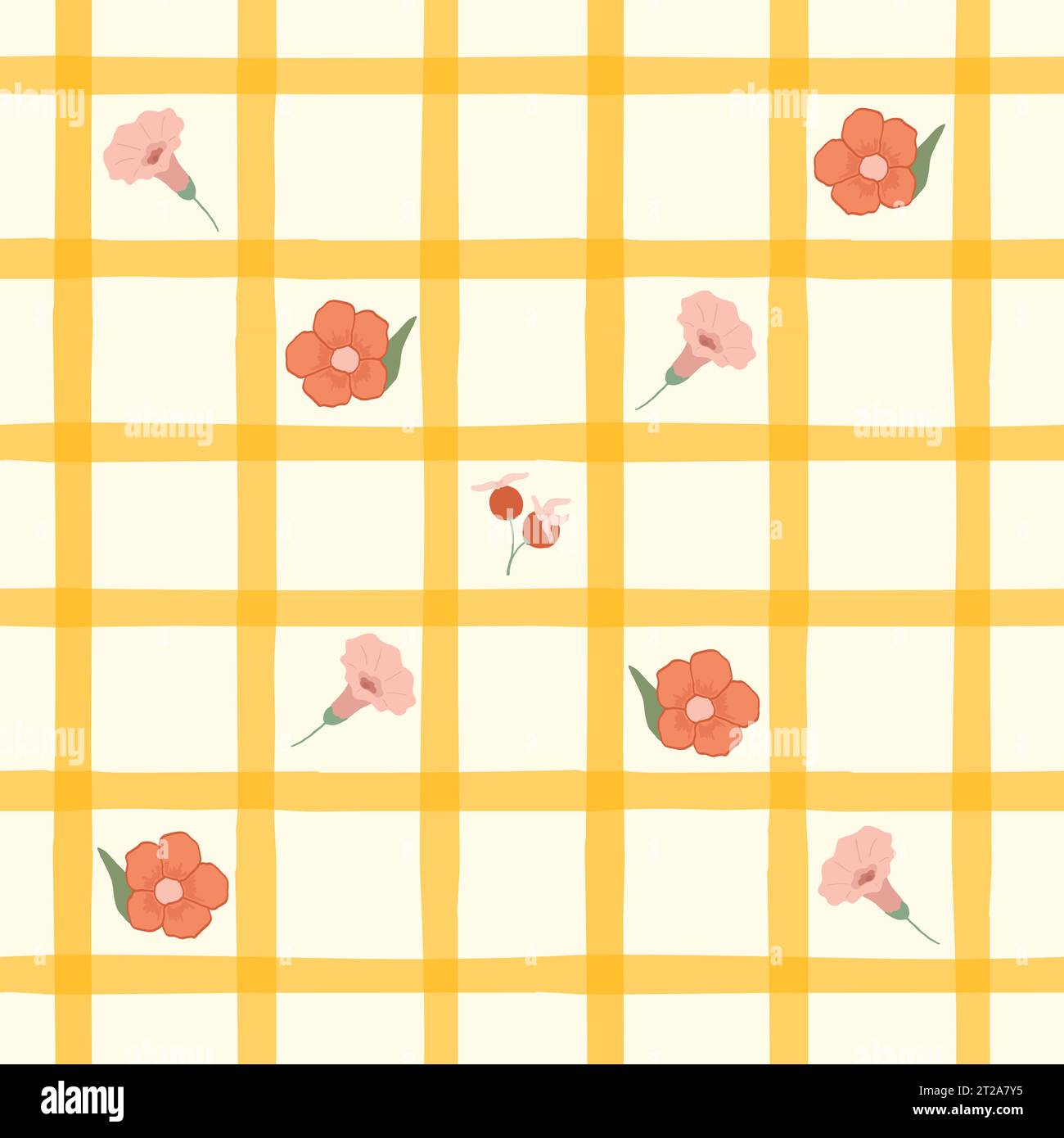 Cottagecore yellow check plaid gingham print wallpaper with floral ...