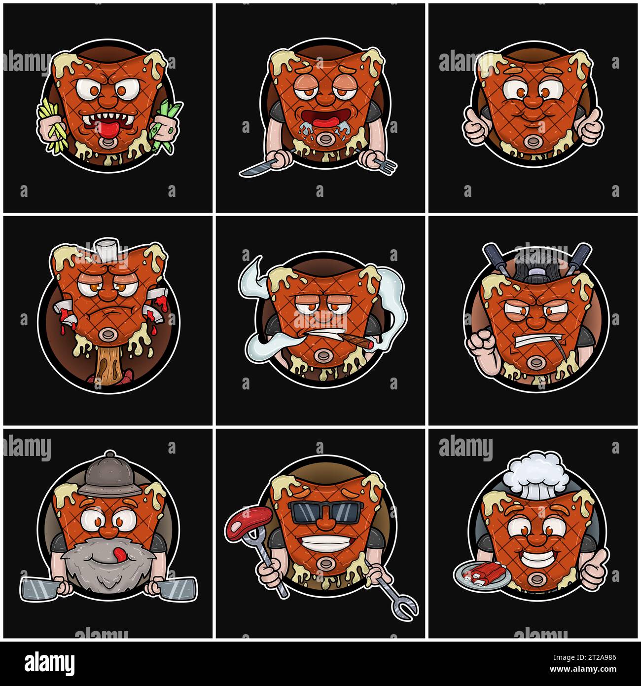 Set Of Beef Steak Mascot Character Cartoon. Circle Logo. Vectors and ...