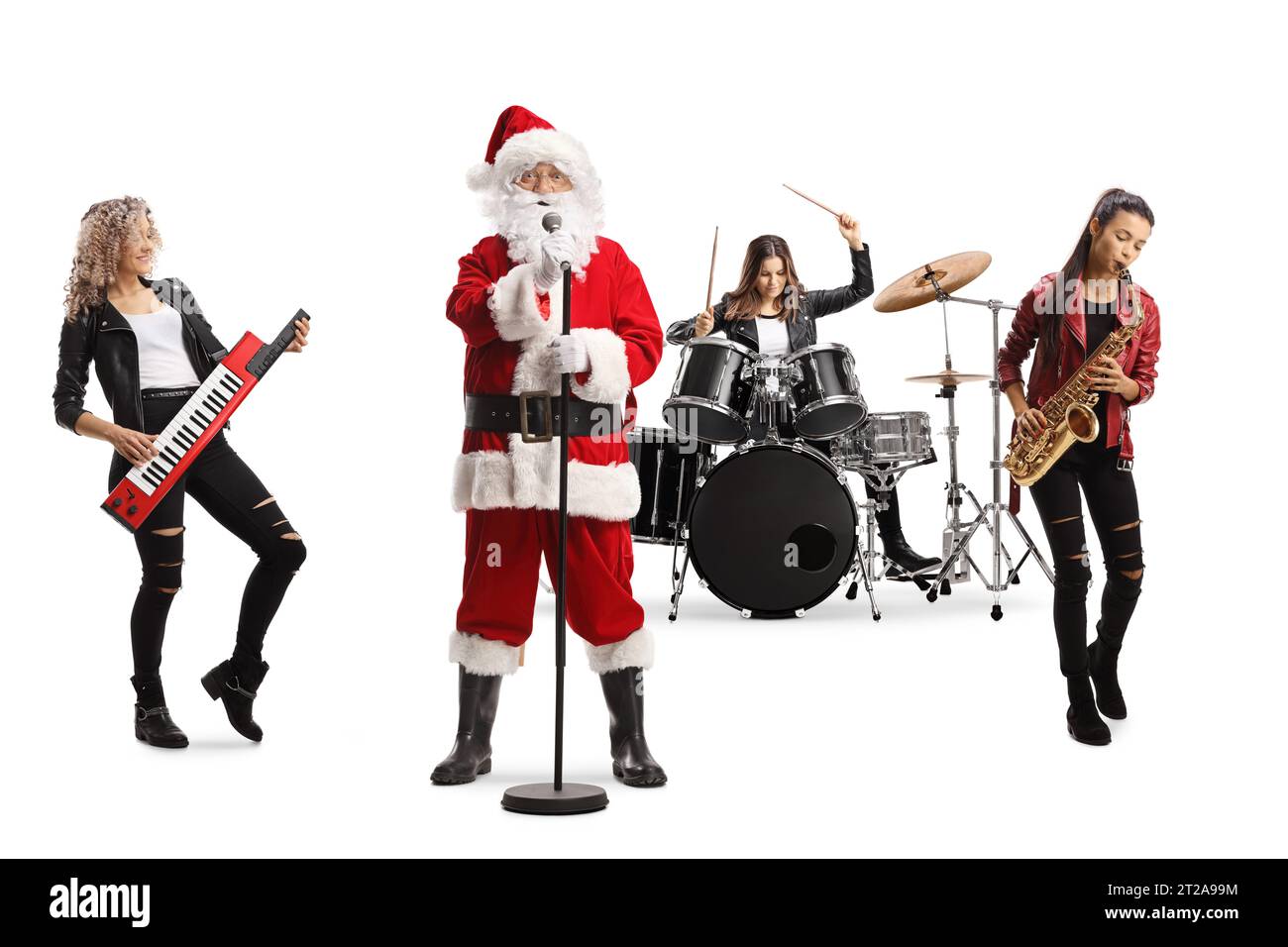 Santa claus with a microphone performing with a female music band ...