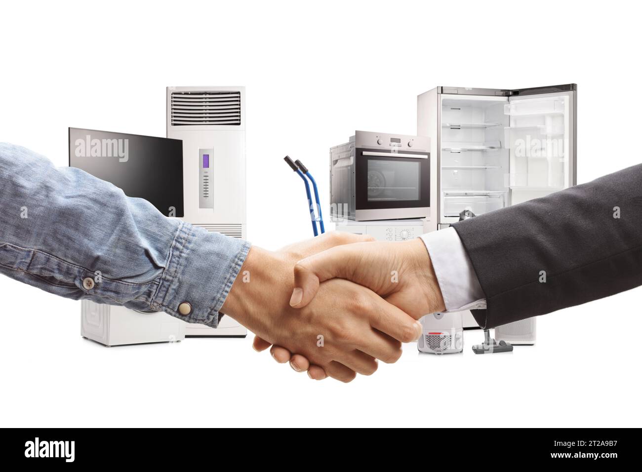 Salesman and a customer shaking hands in front of electrical appliances ...