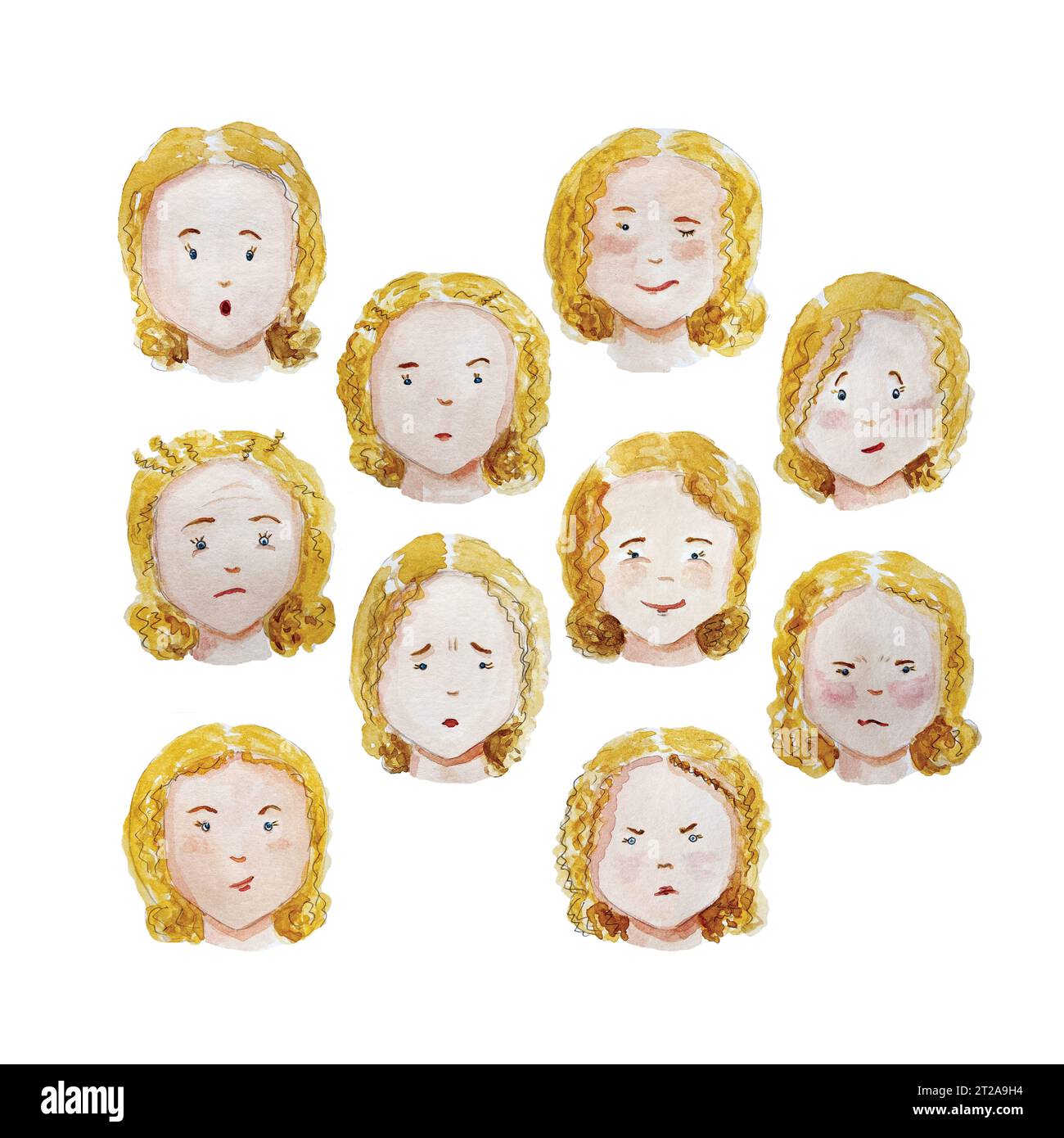 Hand painted watercolor emotions faces Stock Photo - Alamy