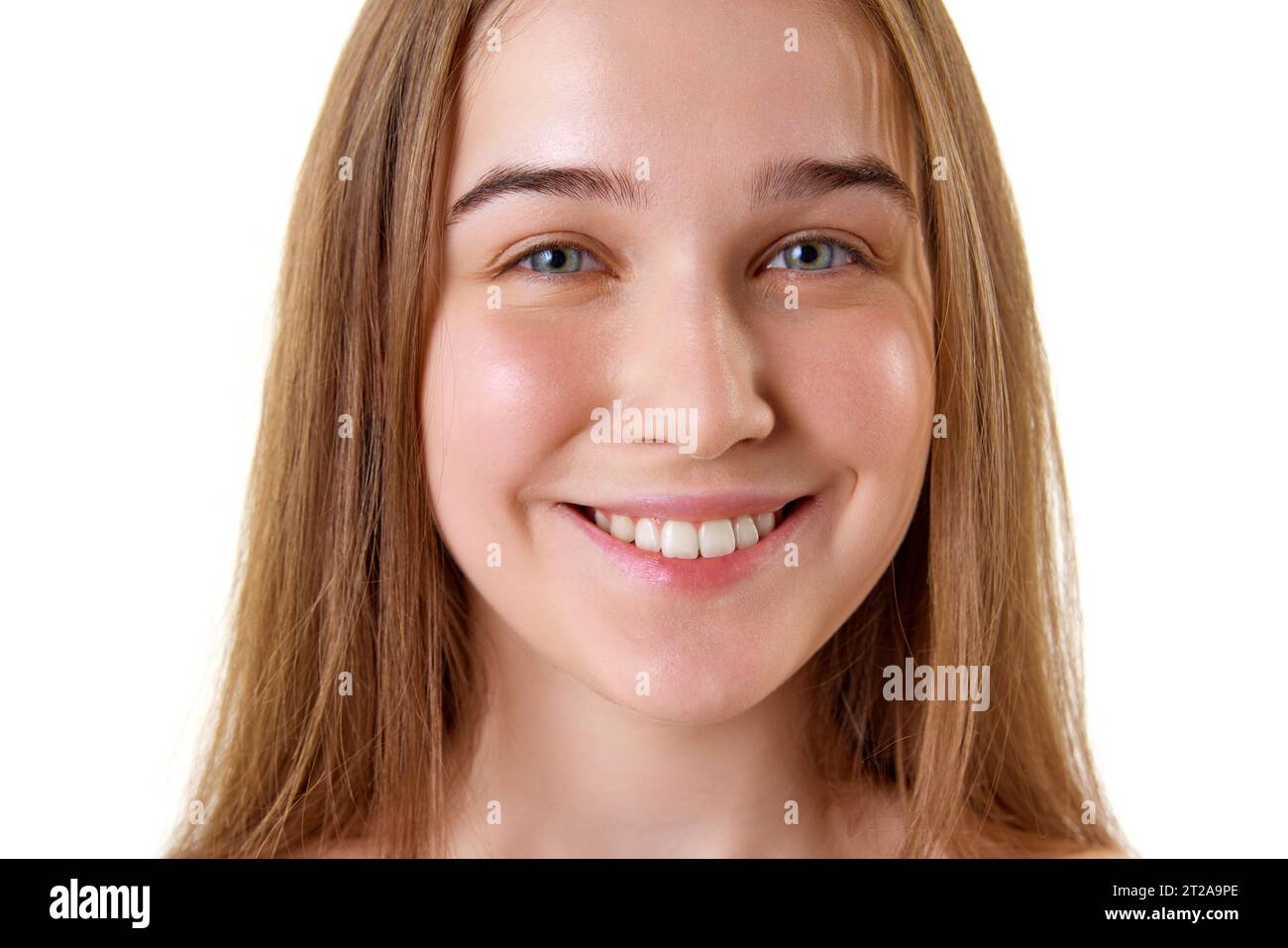 Close up photo of young smiling with teeth young woman, lips without ...