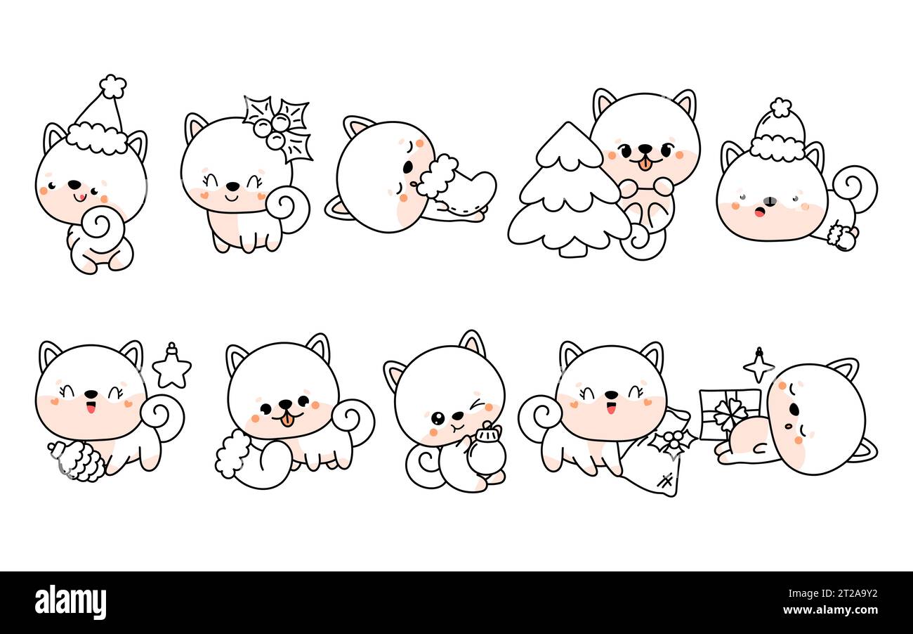 Set of Kawaii Christmas Shiba Inu Dog Coloring Page. Collection of ...