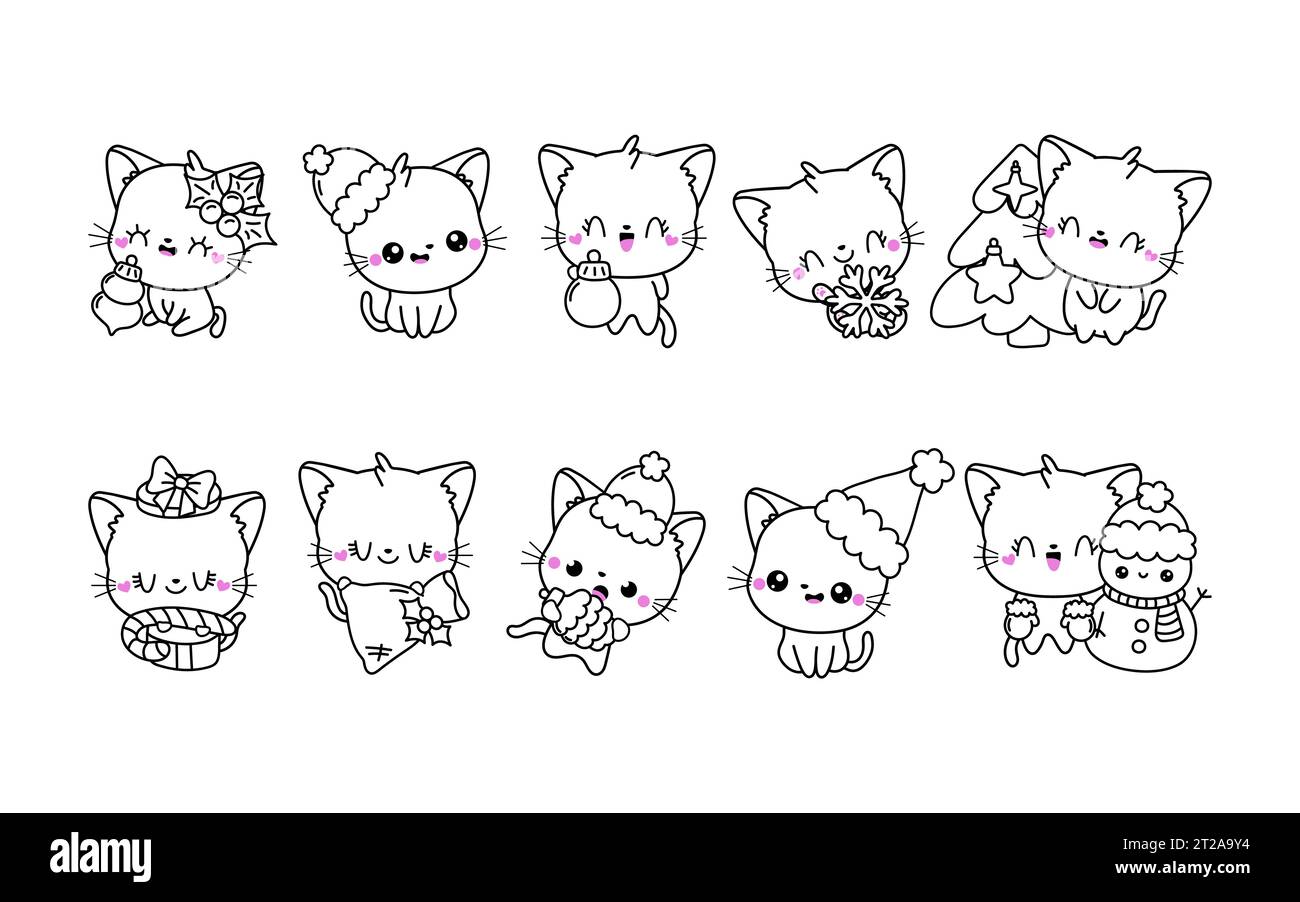 Set of Kawaii Christmas Cat Coloring Page. Collection of Cute Vector ...