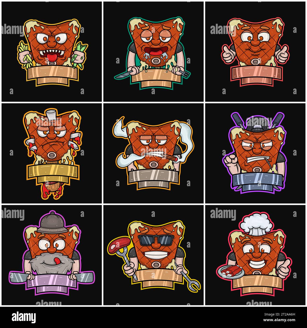Set Of Beef Steak Mascot Character Cartoon. Blank Sign Logo. Vectors ...